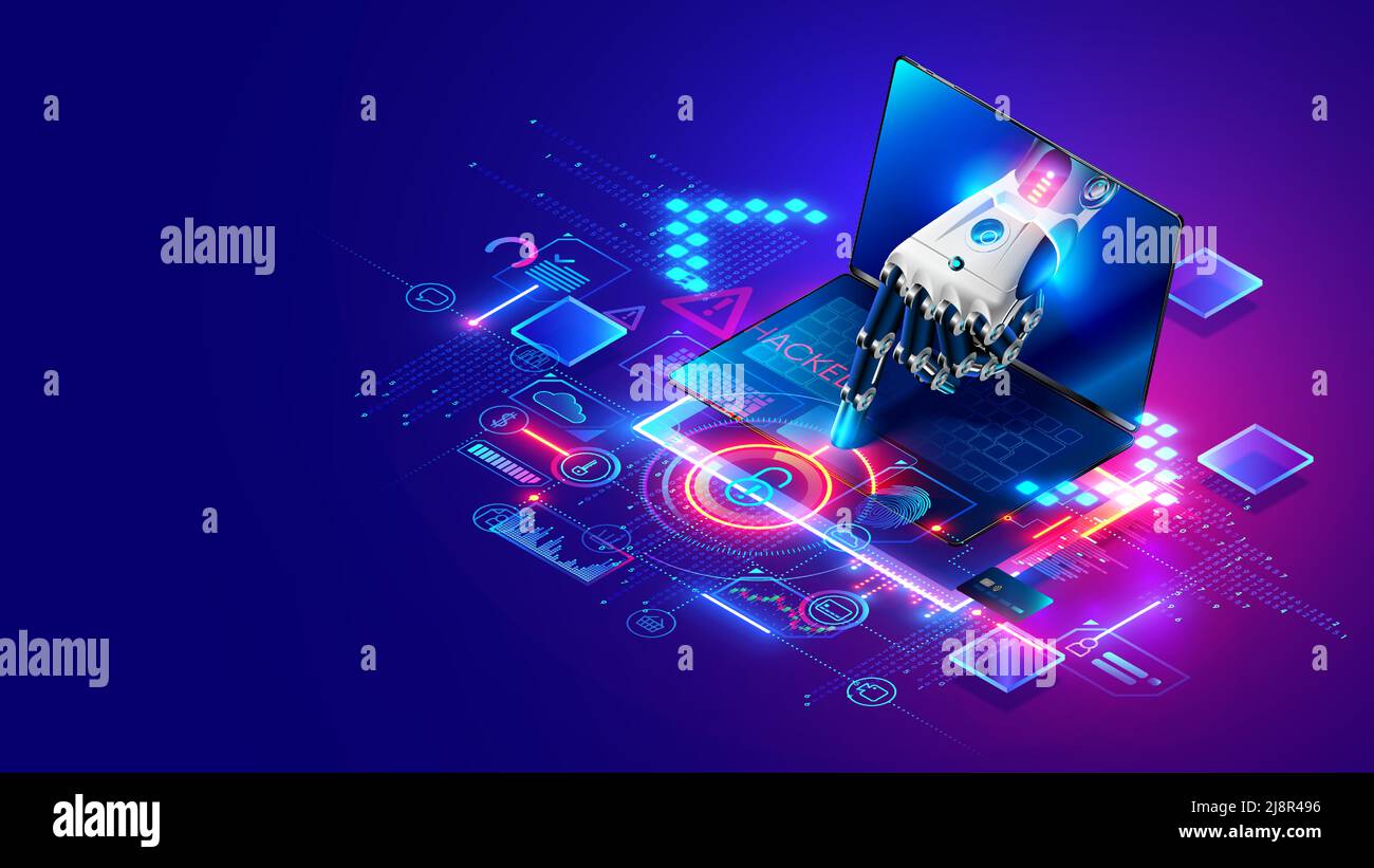 Computer bot hacks firewall on laptop. Cybersecurity, antivirus, personal data protection ...