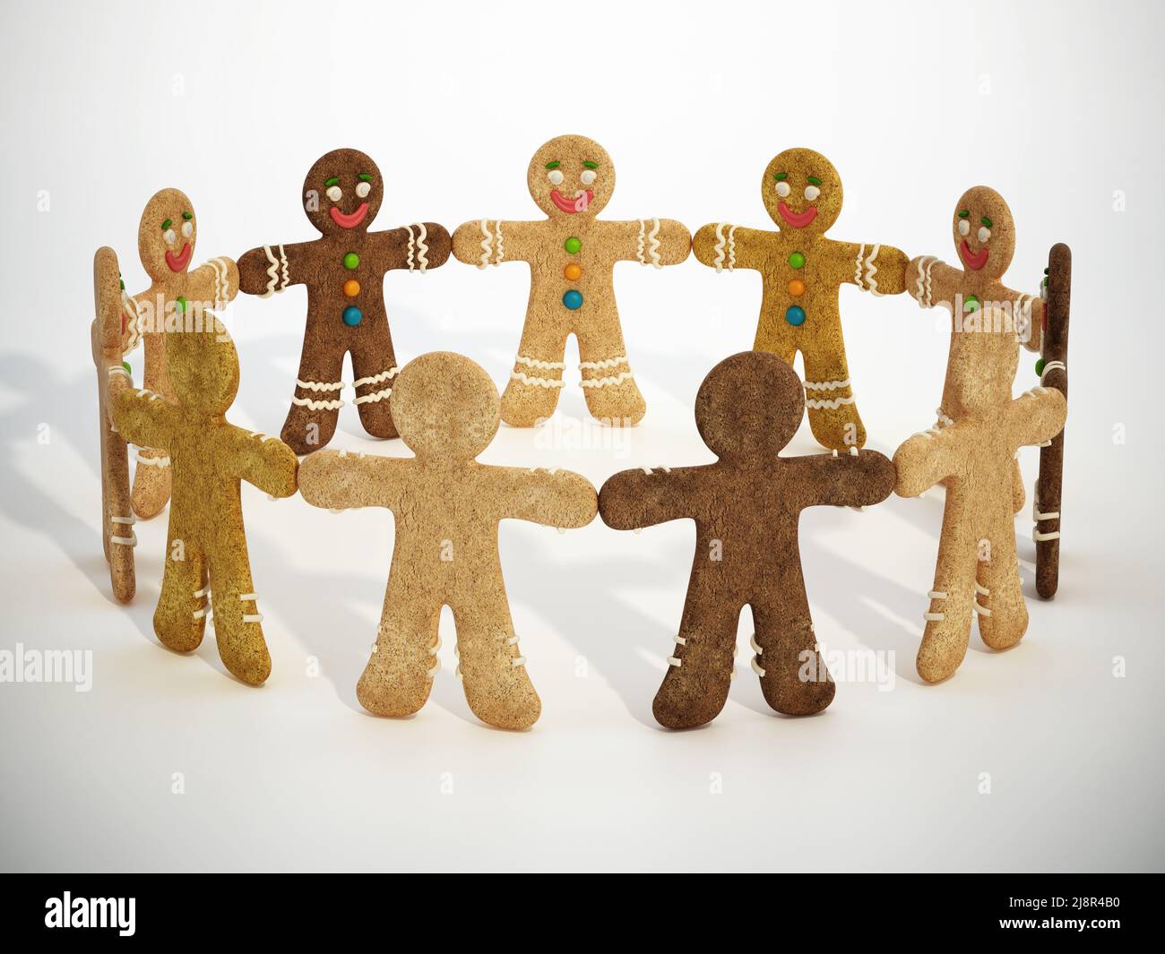 Gingerbread cookie men holding hands isolated on white. 3D illustration ...