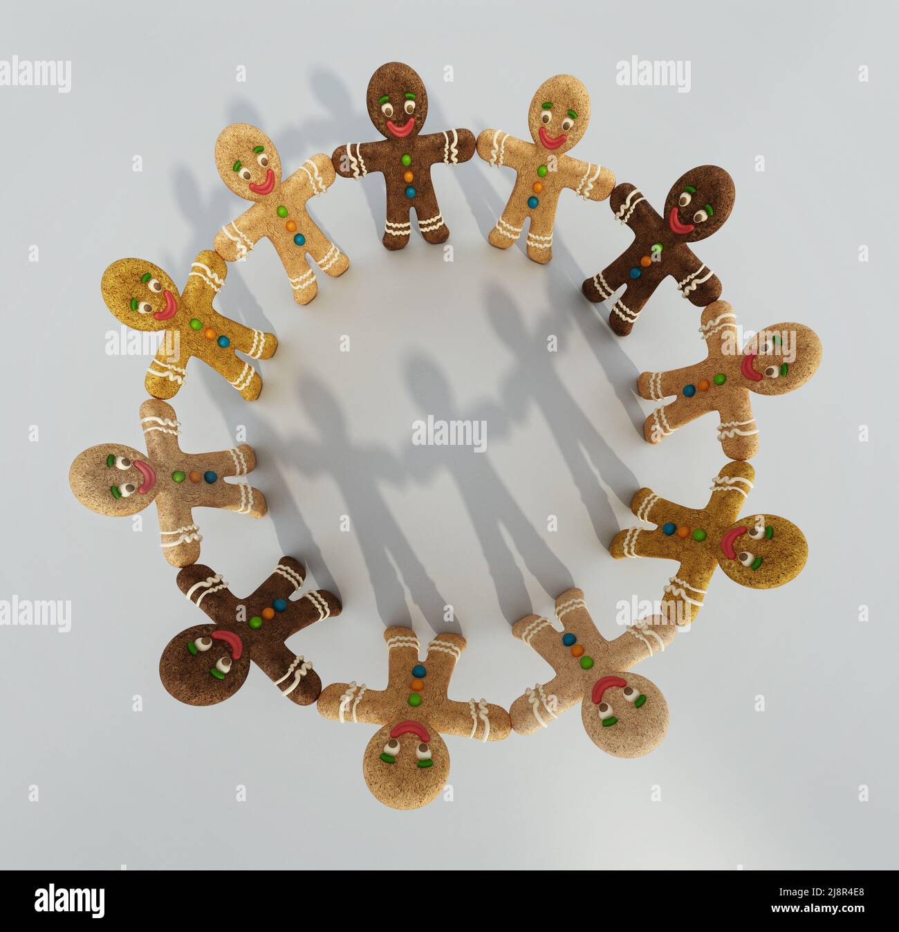Gingerbread cookie men holding hands isolated on white. 3D illustration ...