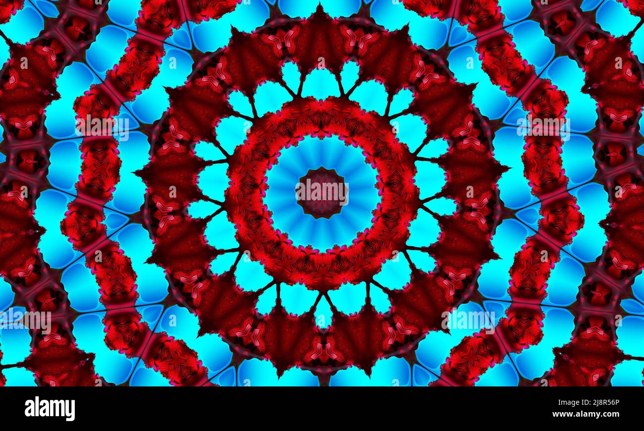 Cyan Mandala Concentric Flower on bloody red background. Kaleidoscope ...
