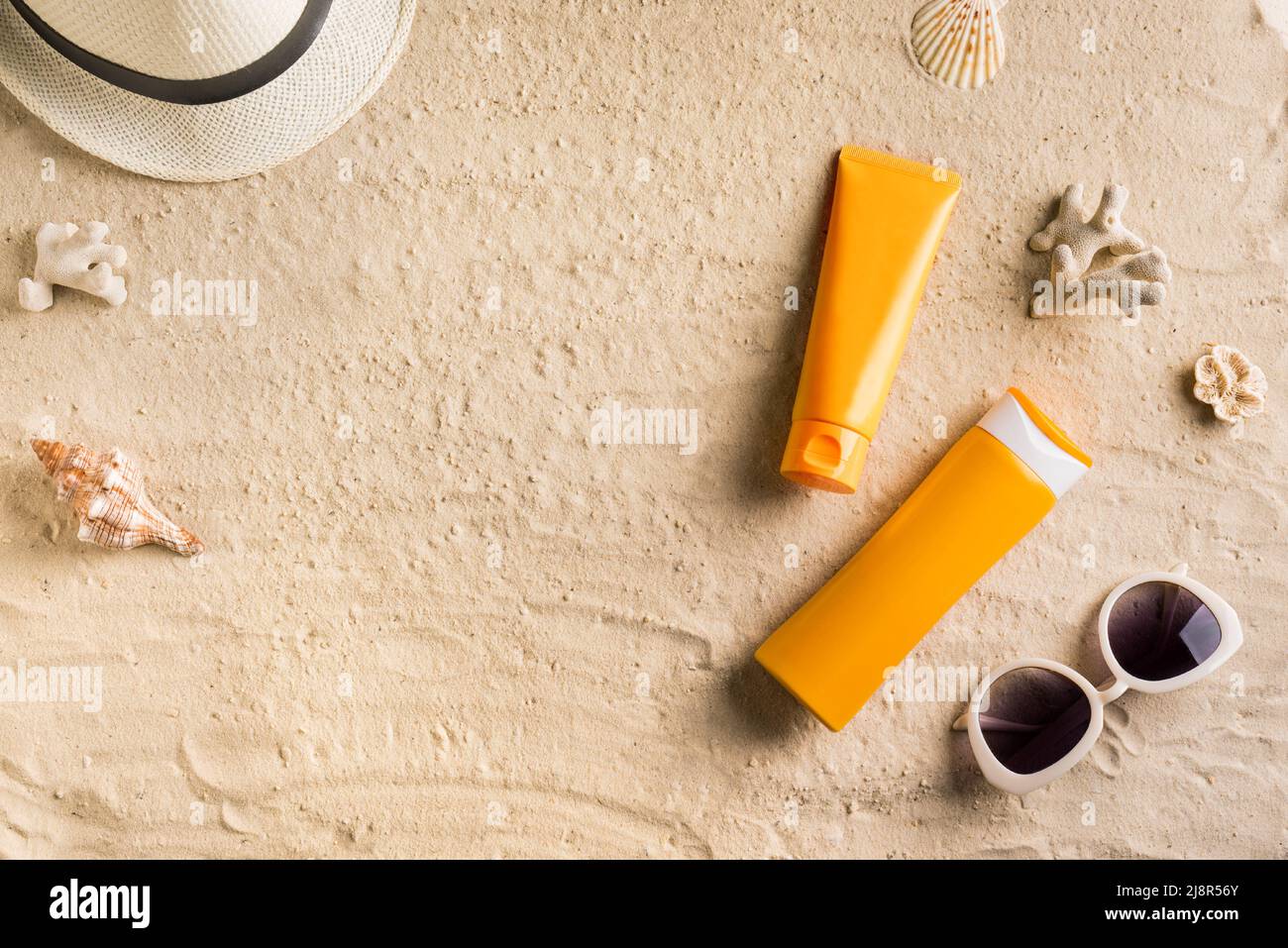 Summer travel beach flat lay composition, copy space. Hat, sunglasses ...