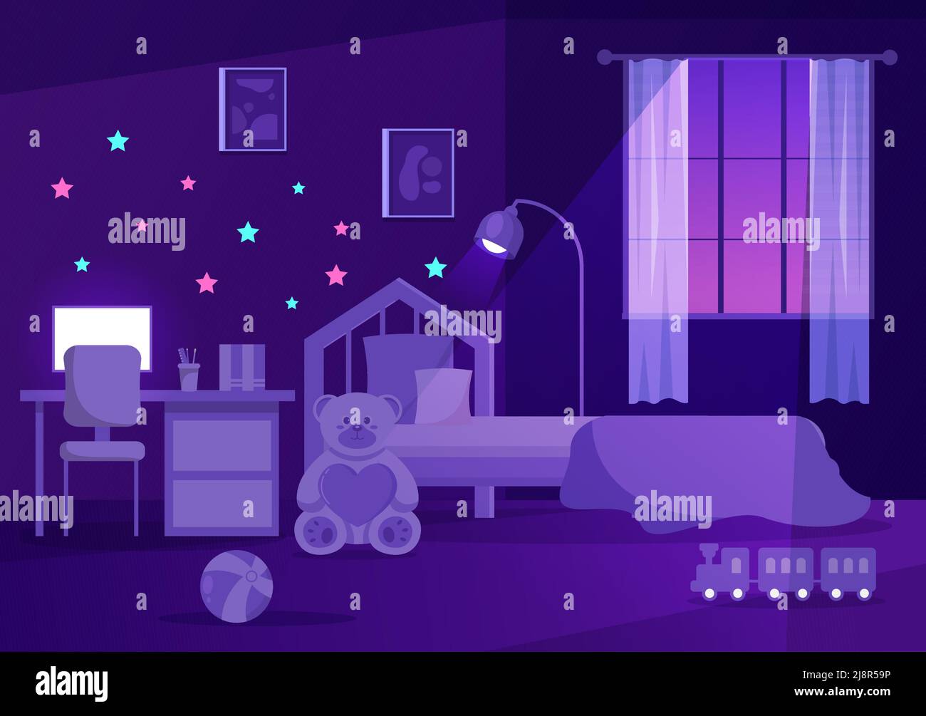 Night Cozy Bedroom Interior with Furniture Like Bed, Wardrobe, Bedside ...