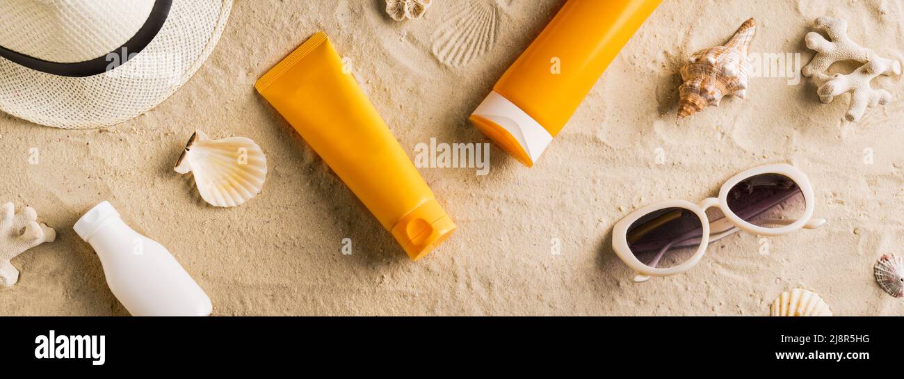 Summer travel beach flat lay composition, banner. Hat, sunglasses ...