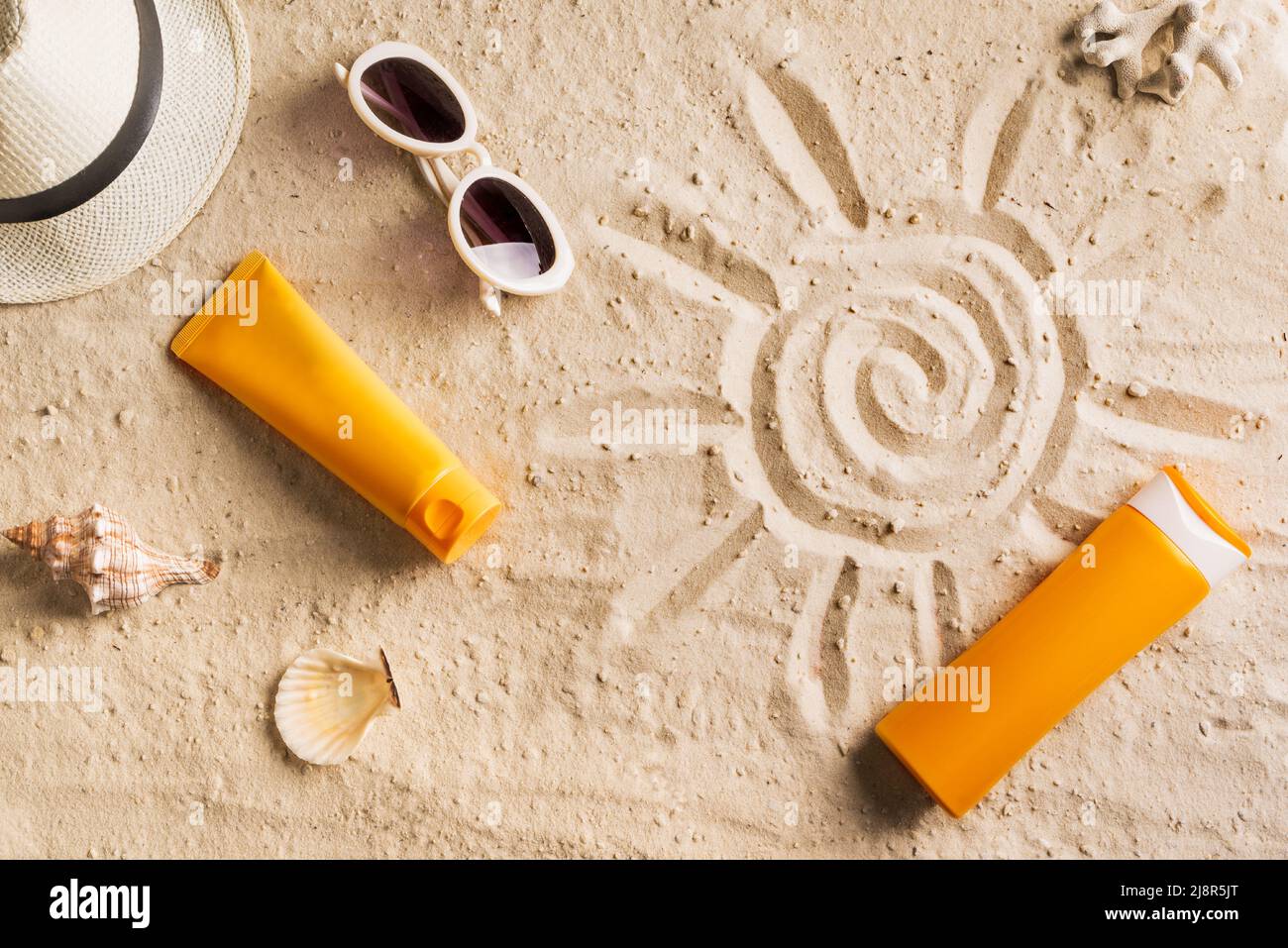 Summer travel beach flat lay composition, copy space. Hat, sunglasses ...