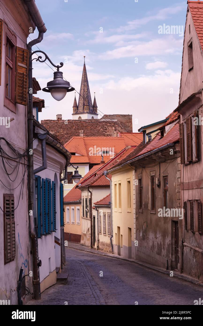 Cityscape with beautiful old buildings in historical center of Sibiu ...
