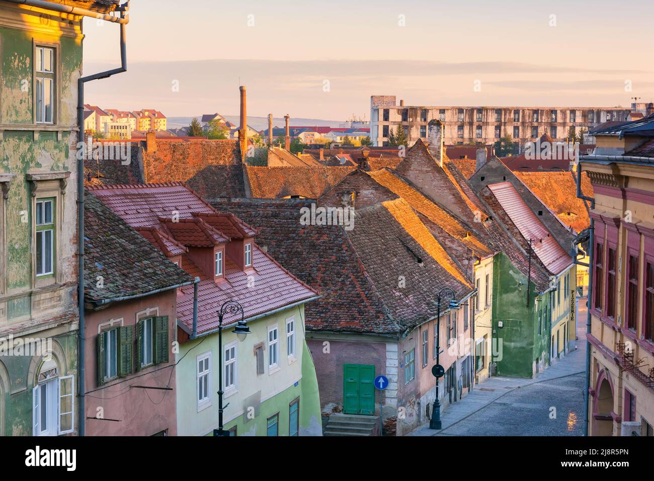 Cityscape with beautiful old buildings in historical center of Sibiu ...