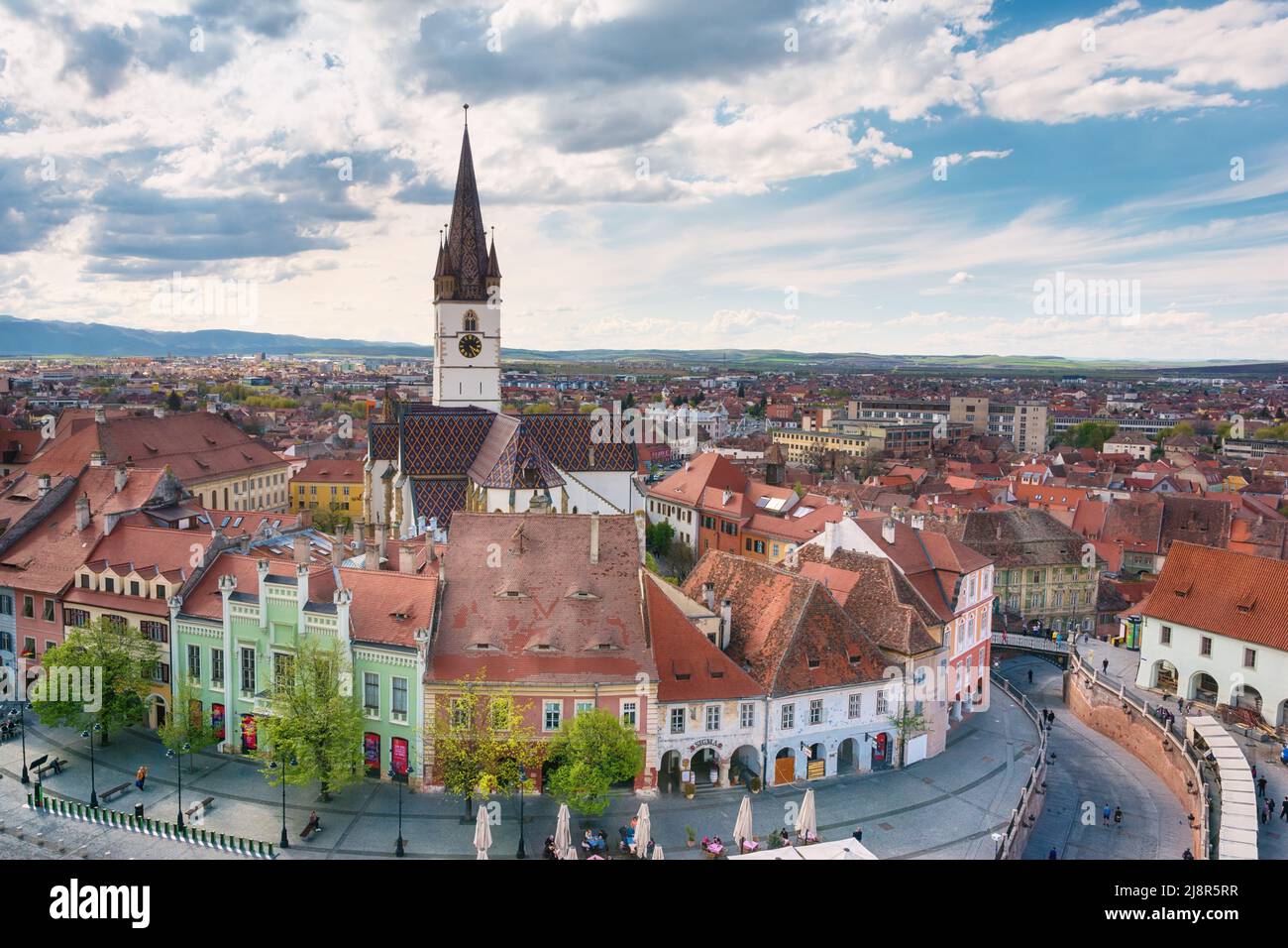 Cityscape with beautiful old buildings in historical center of Sibiu ...