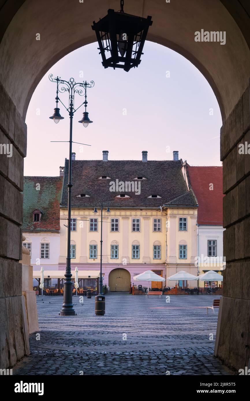 Cityscape with beautiful old buildings in historical center of Sibiu ...