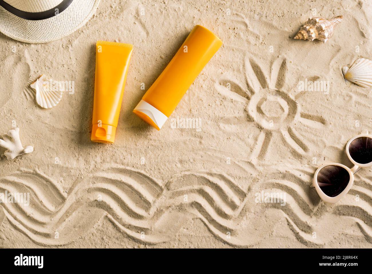 Summer travel beach flat lay composition. Wicker hat, sunglasses ...