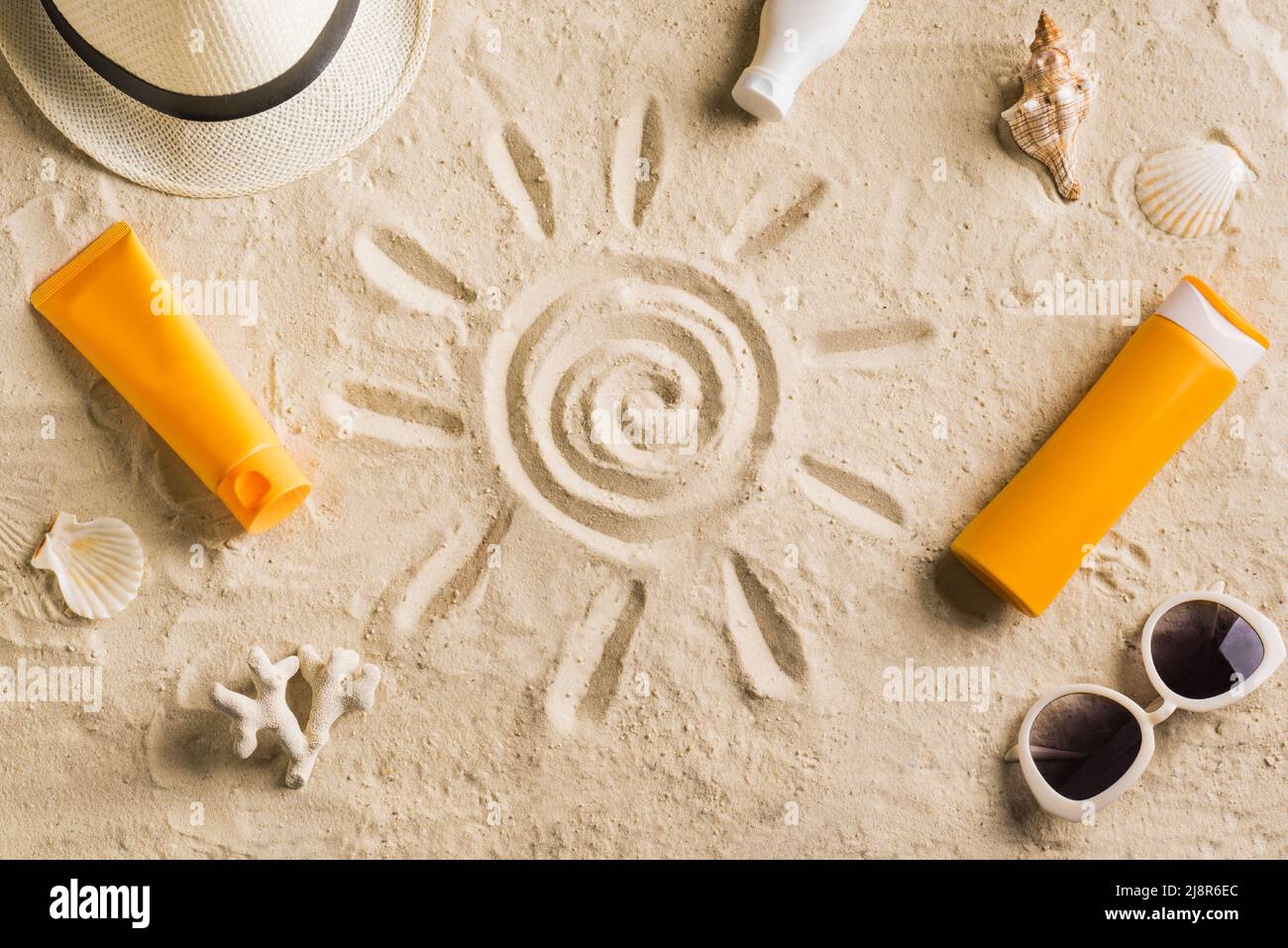 Summer travel beach flat lay composition. Wicker hat, sunglasses ...