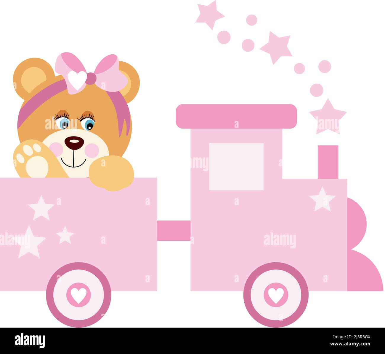 Cute baby girl teddy bear on pink toy train Stock Photo - Alamy
