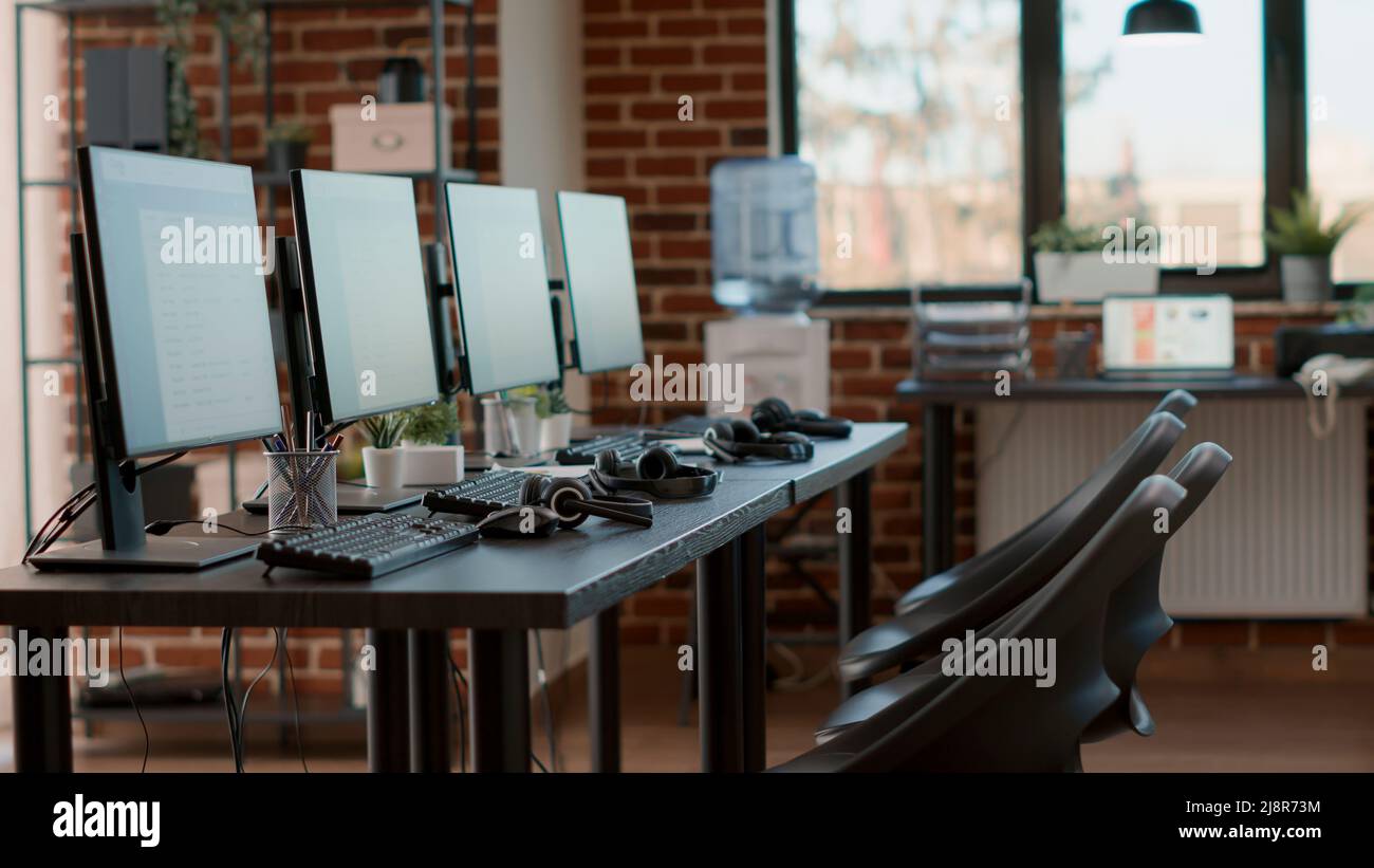 No people in customer care service office with monitors to help clients ...