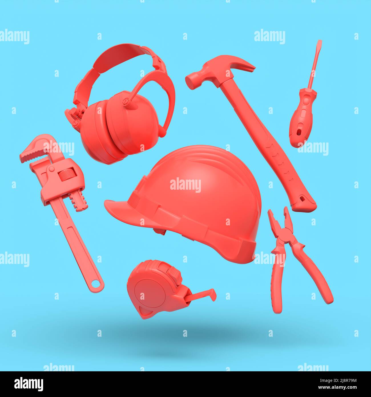 Flying view of red construction tools for repair and installation on ...