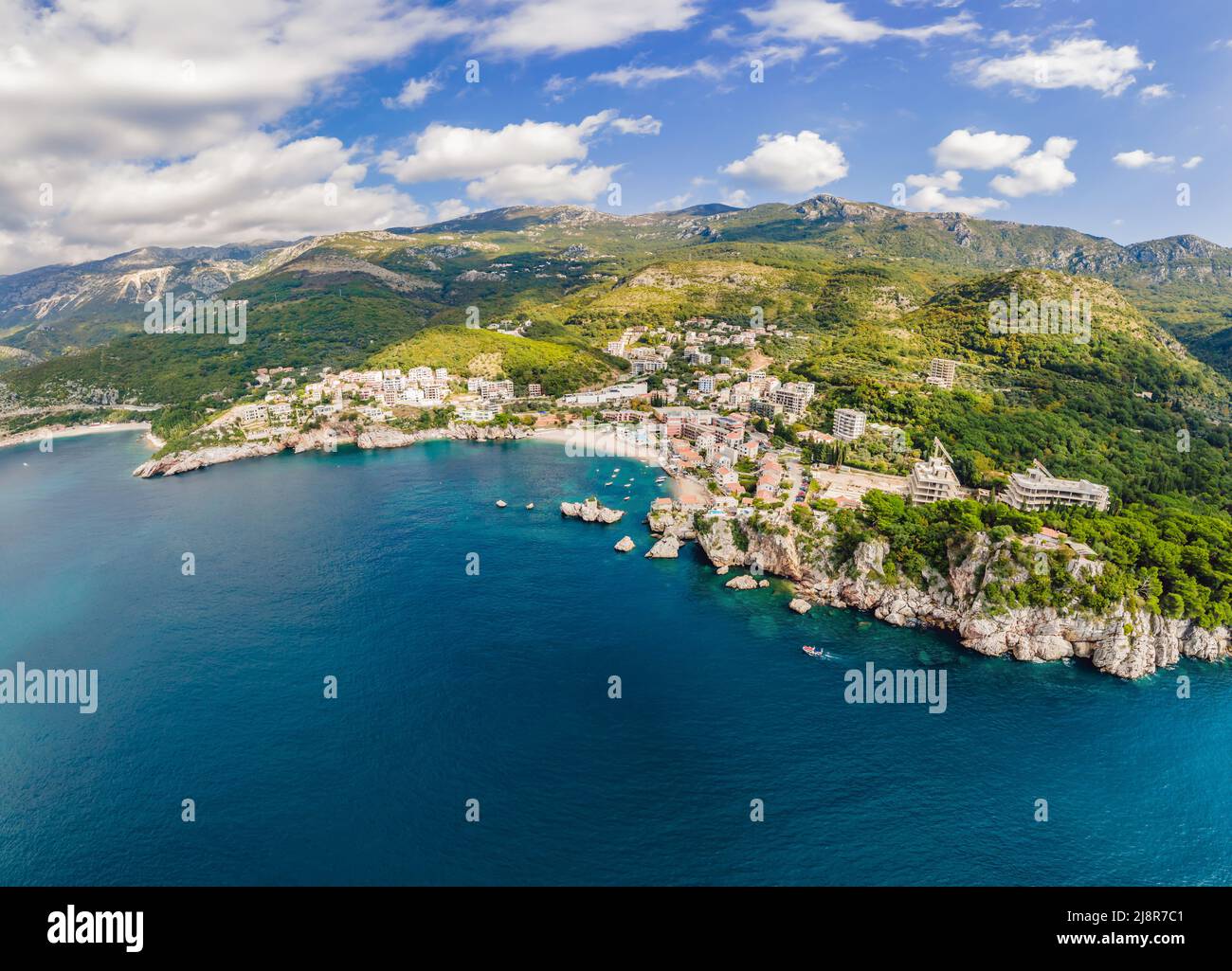 Queen's Beach in Milocer, Montenegro. Aerial view of sea waves and ...