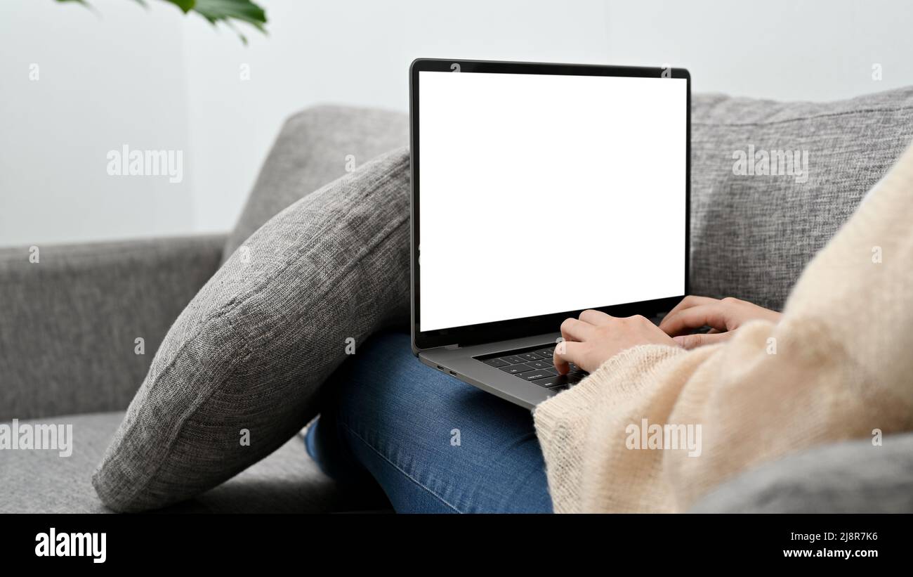 Female sitting on comfy sofa and using laptop computer browsing on the ...