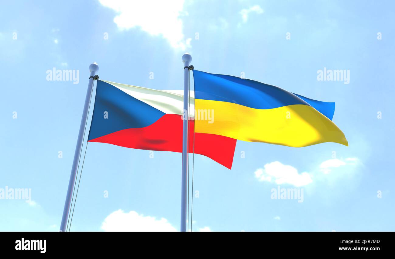 Ukraine and Czech Republic, two flags waving against blue sky. 3d image ...