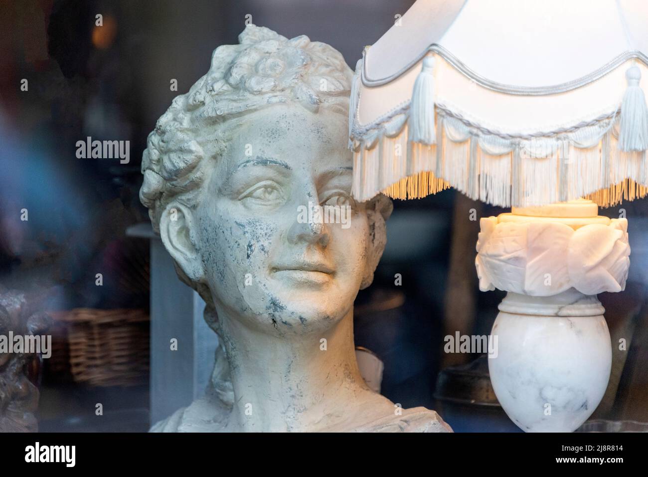 Antique woman bust sculpture near vintage lamp in shop window Stock ...