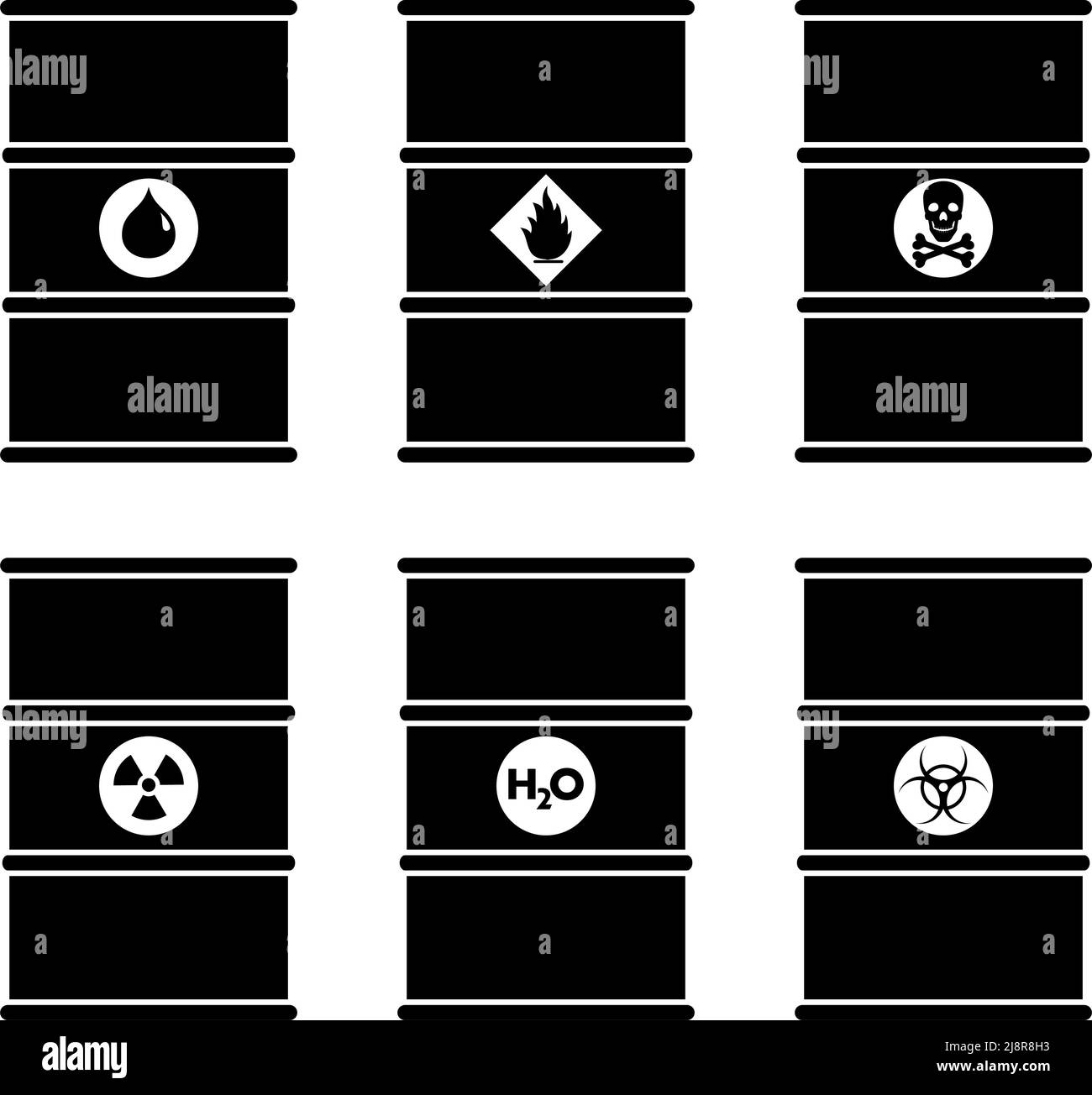 Different metal barrels for water, oil, chemical, radioactive, toxic ...