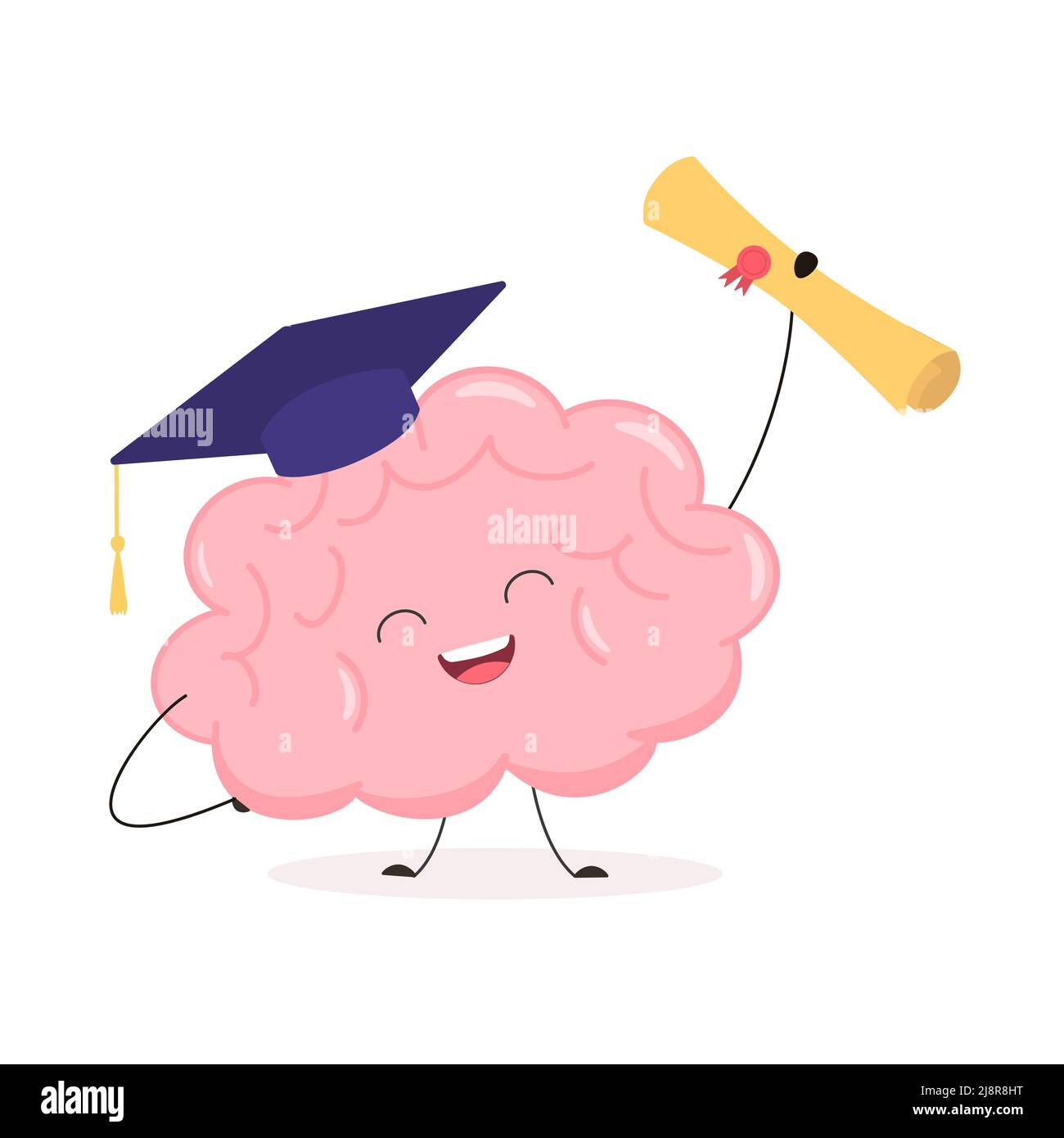 Cute brain in graduation cap with diploma. Kawaii funny human brain ...