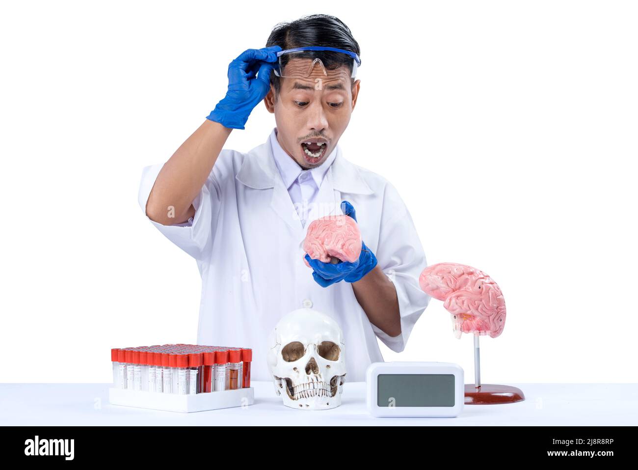 Asian nerd scientist standing and holding a human brain with a skull ...