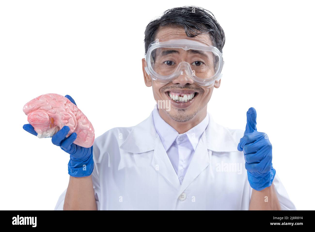 Asian nerd scientist standing and showing thumb up while holding human ...