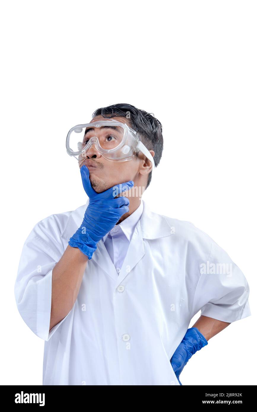 Asian nerd scientist standing and thinking something isolated over ...