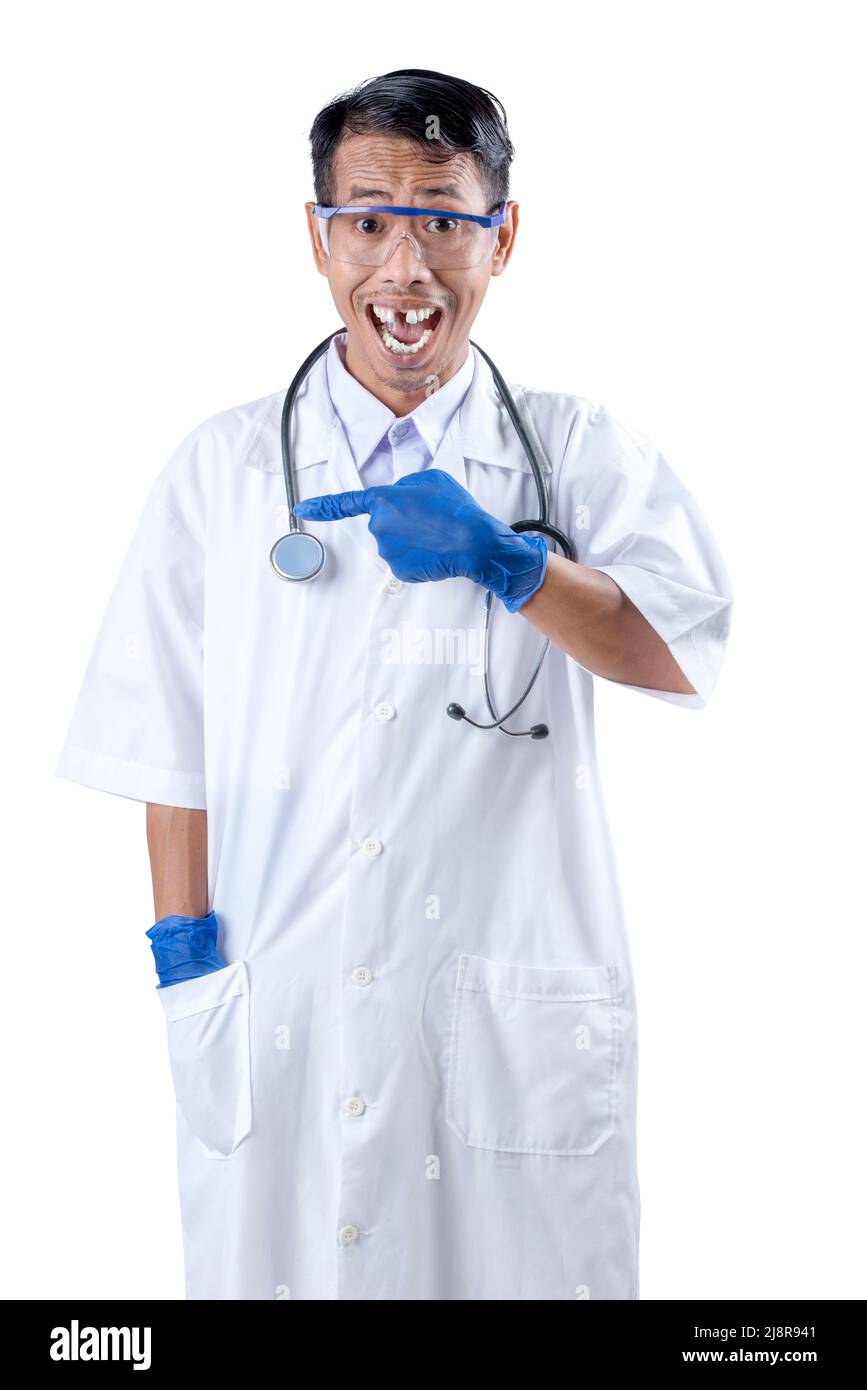 Asian nerd scientist with a stethoscope standing and pointing something ...