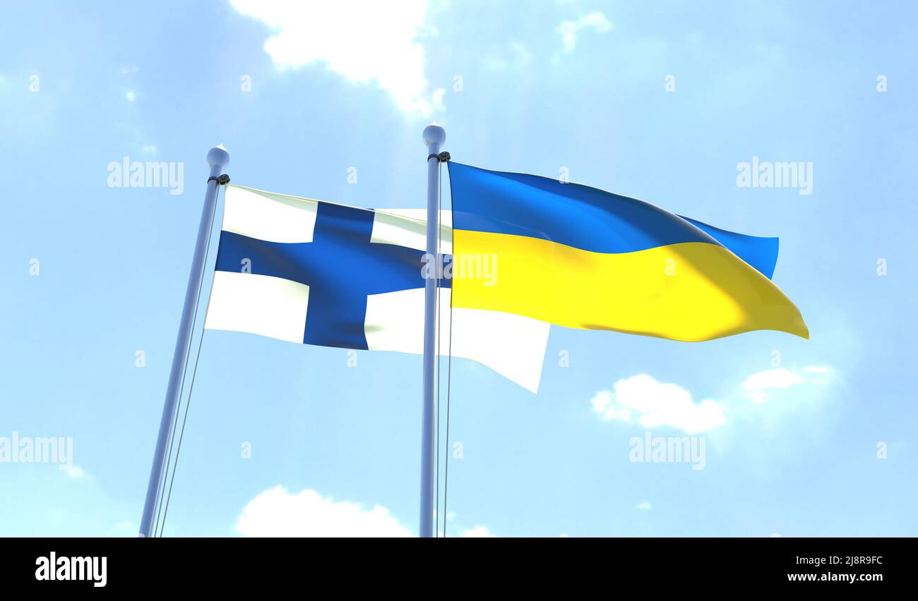 Ukraine and Finland, two flags waving against blue sky. 3d image Stock ...