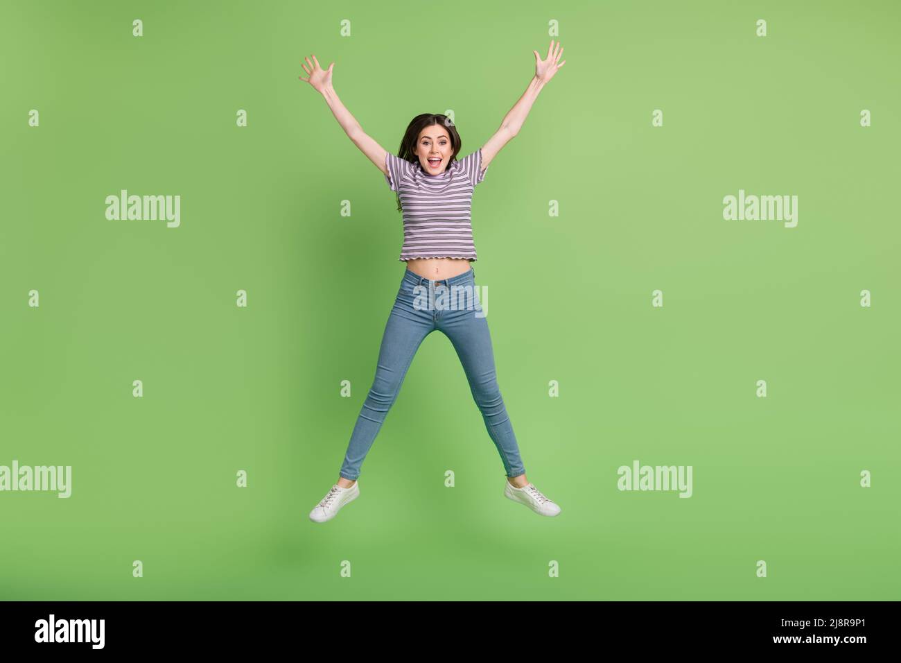 Full length body size view of attractive cheerful thin lucky girl ...