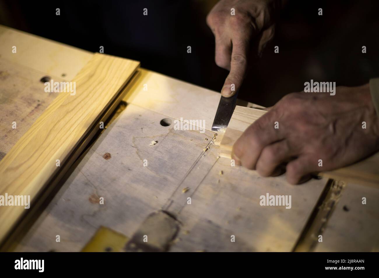 Cutter in hand of carpenter. Wood cutting tool. Details of carpentry ...