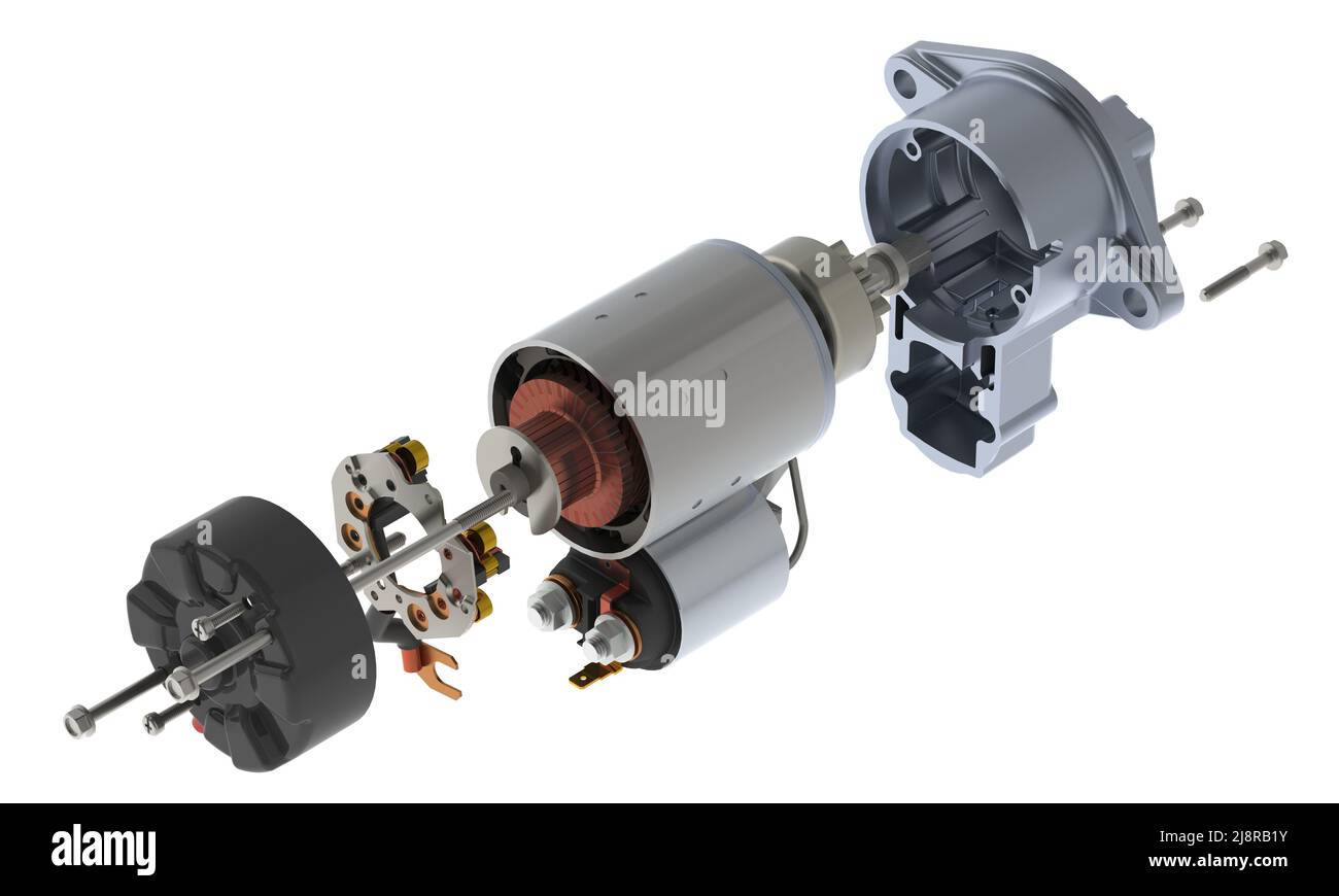 Car starter presentation in exploded view, 3D rendering isolated on ...