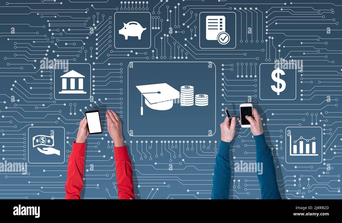 Top view of hands using mobile phone with symbol of fafsa concept Stock ...