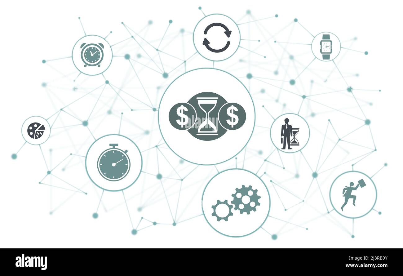 Concept of time is money with connected icons Stock Photo - Alamy