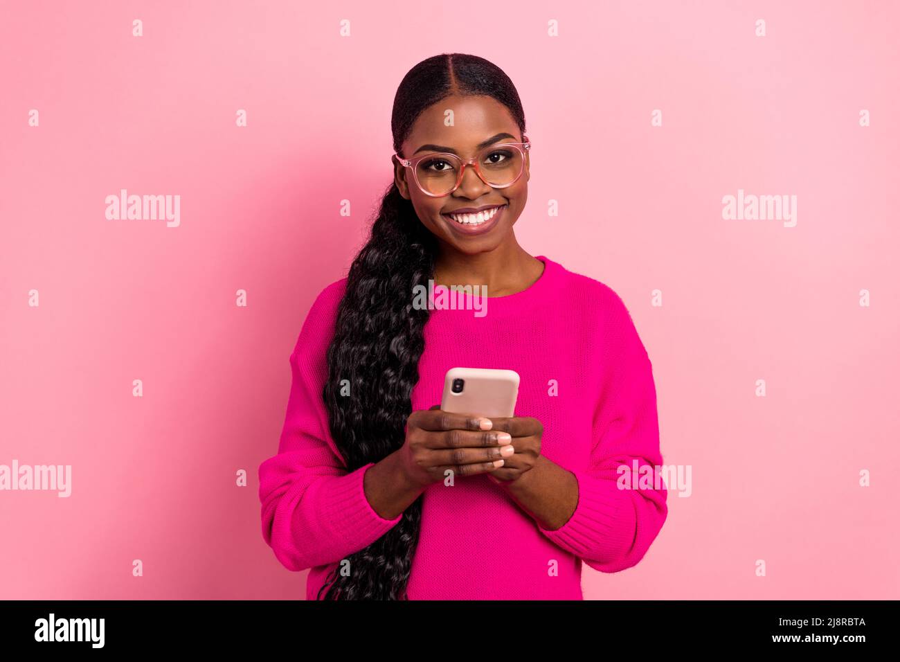 Photo Of Cute Millennial Brunette Lady Hold Telephone Wear Eyewear