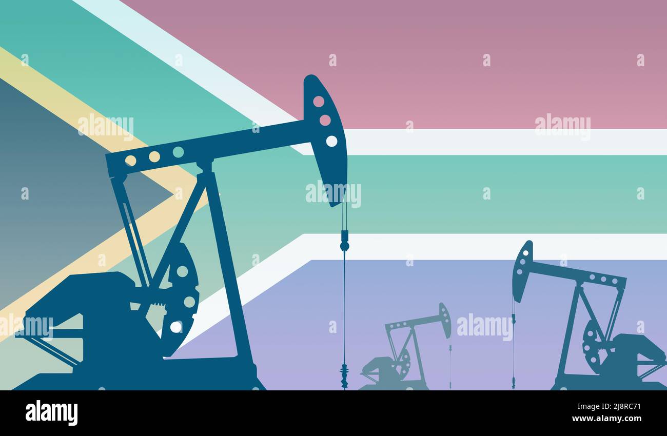 silhouette of the oil pump against flag of South Africa. Extraction ...