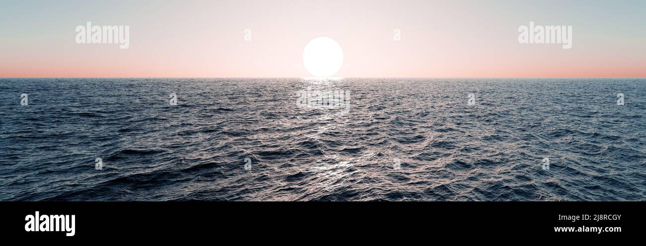 Beautiful blue sea with waves with sunset light and big sun above the ...