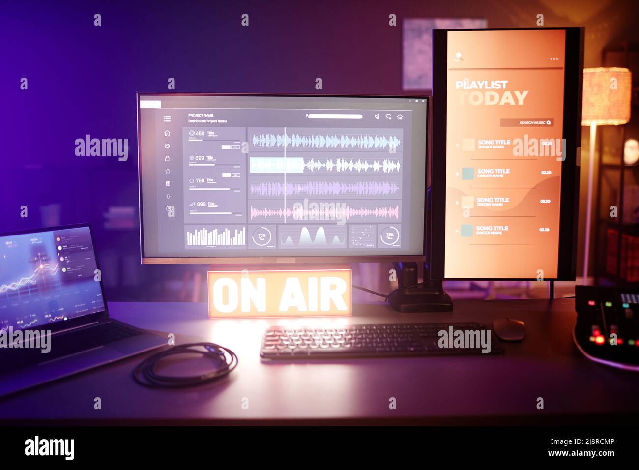 Horizontal no people shot of modern amateur radio broadcast or podcast ...