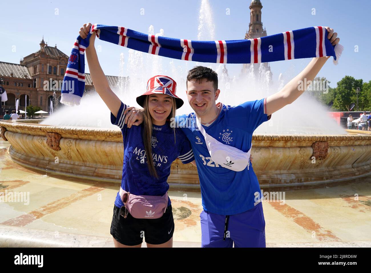 Rangers fans Dion Young (left) and Callum Wilson in the Plaza de Espana ...