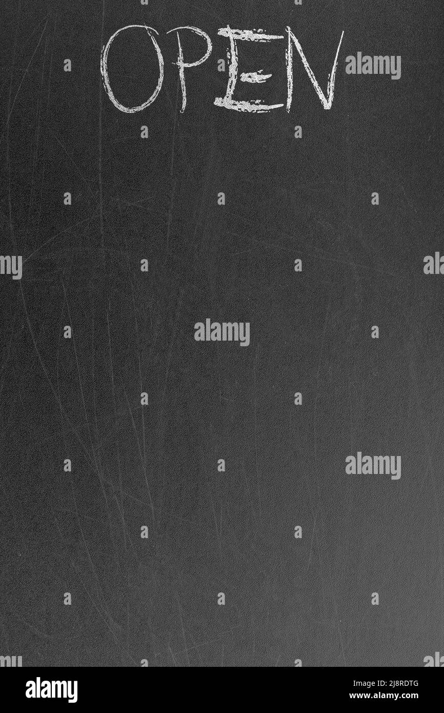 Vertical blackboard with open word placard in cafe. Banners and signs ...