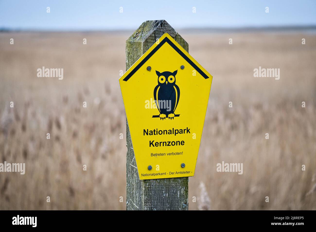 Sign National Park Core Zone on the Baltic Sea. Symbol owl with yellow ...