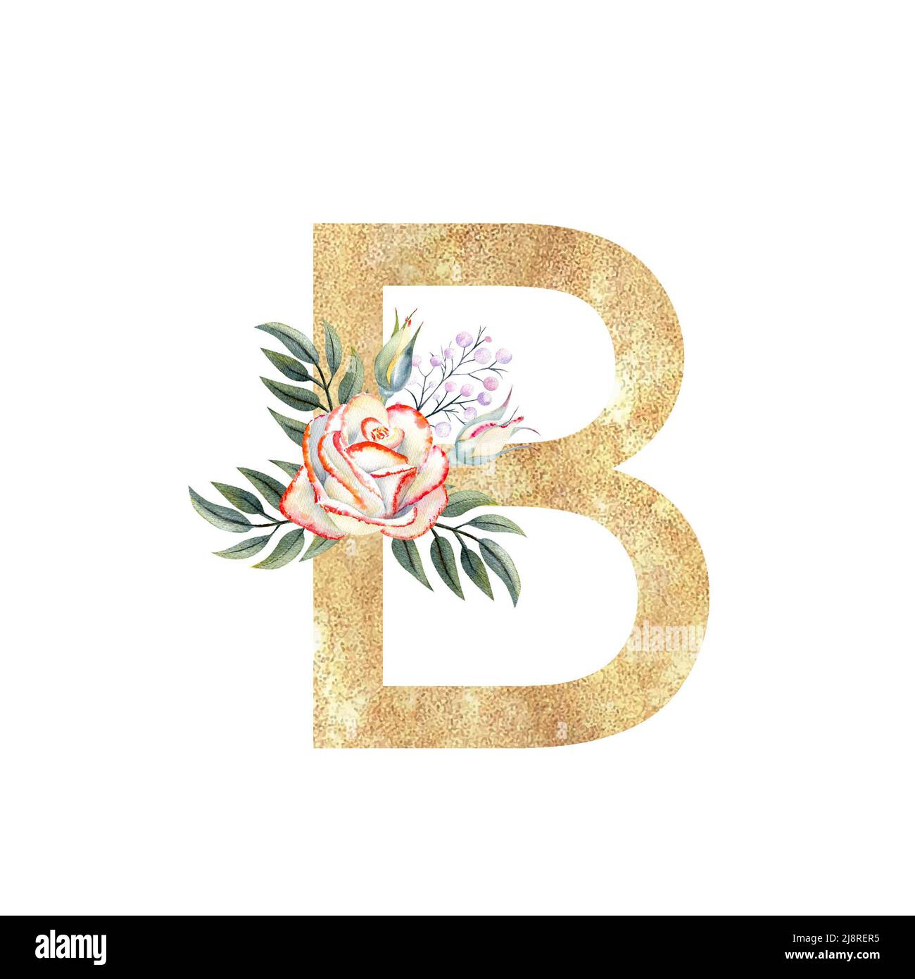 Golden letter B of the English alphabet with a bouquet of pink roses on ...