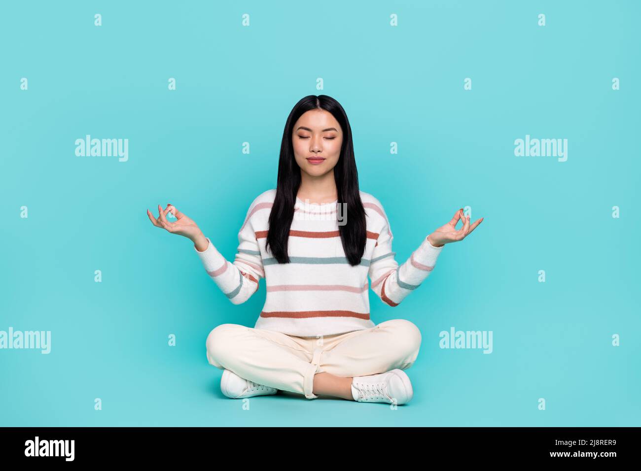 Photo of adorable calm peaceful young woman practice mindfulness open ...