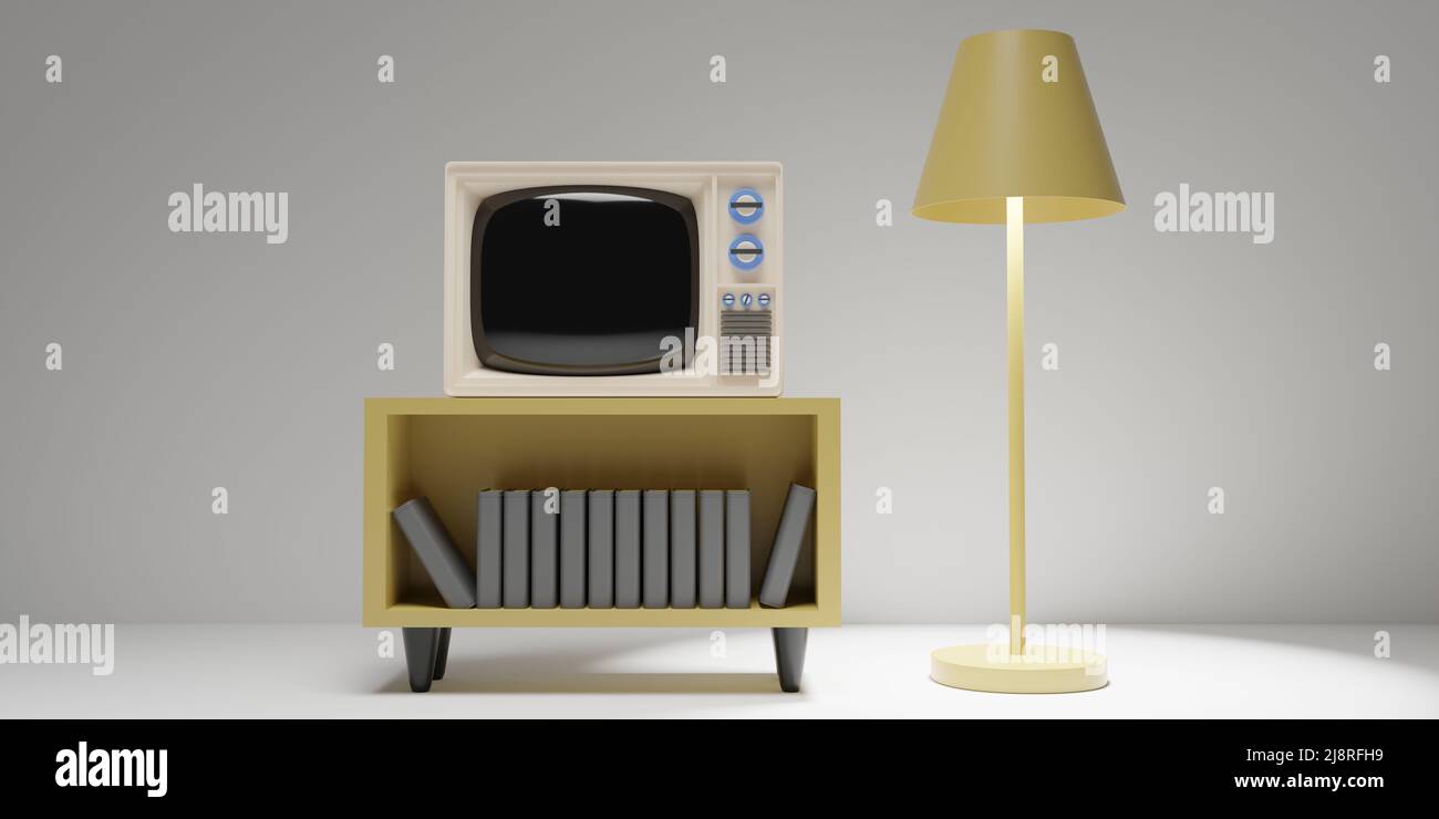 Television on TV table with books, illuminated floor light on grey wall ...