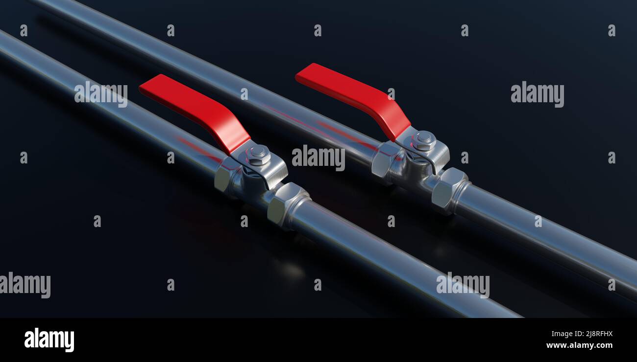 Water pipe switch on, on black background. Industrial metal pipeline ...