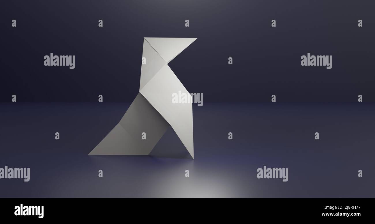 White classic origami little bird on dark blue background with copy ...