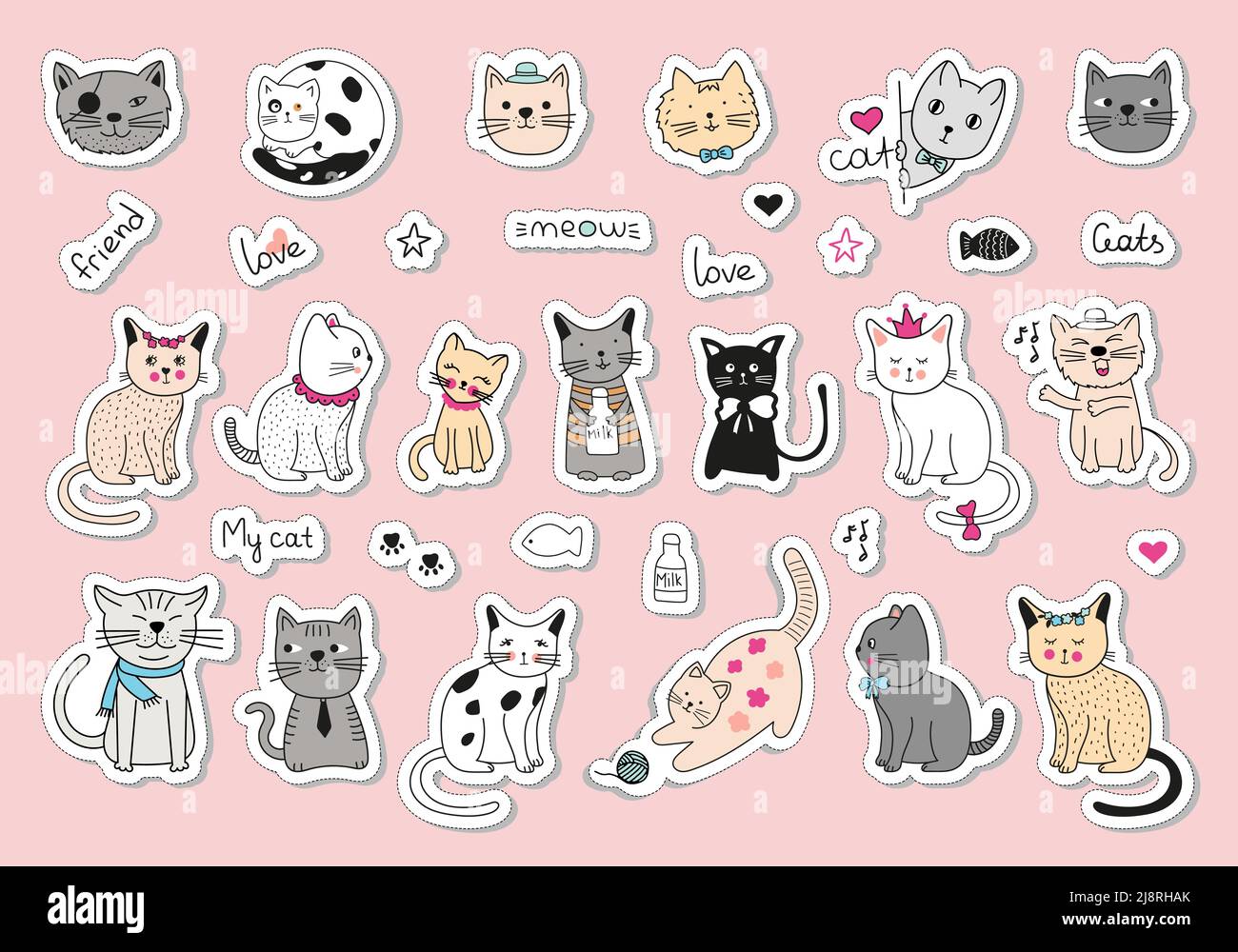 set stickers with cats. Hand-drawn vector doodle drawings, cute cats ...