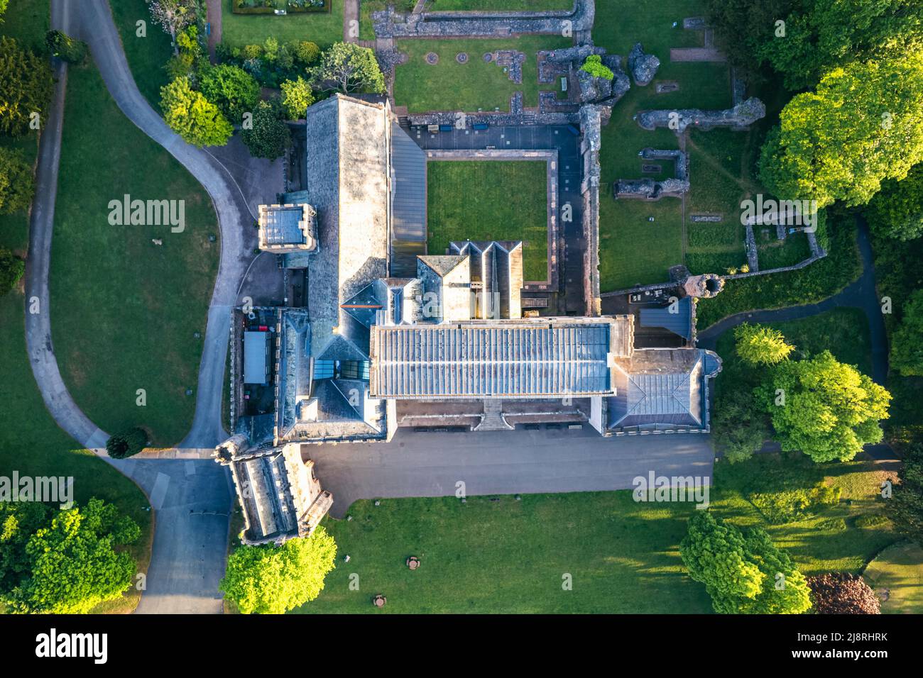 Top Down view over Torre Abbey Castle and Gardens from a drone, Torquay ...