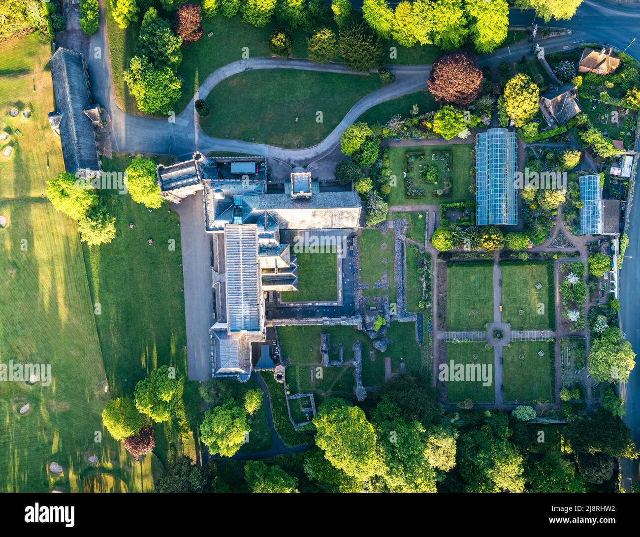 Top Down view over Torre Abbey Castle and Gardens from a drone, Torquay ...
