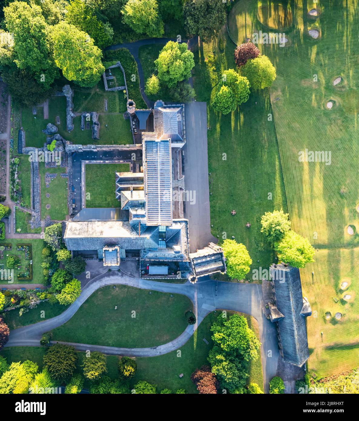 Top Down view over Torre Abbey Castle and Gardens from a drone, Torquay ...