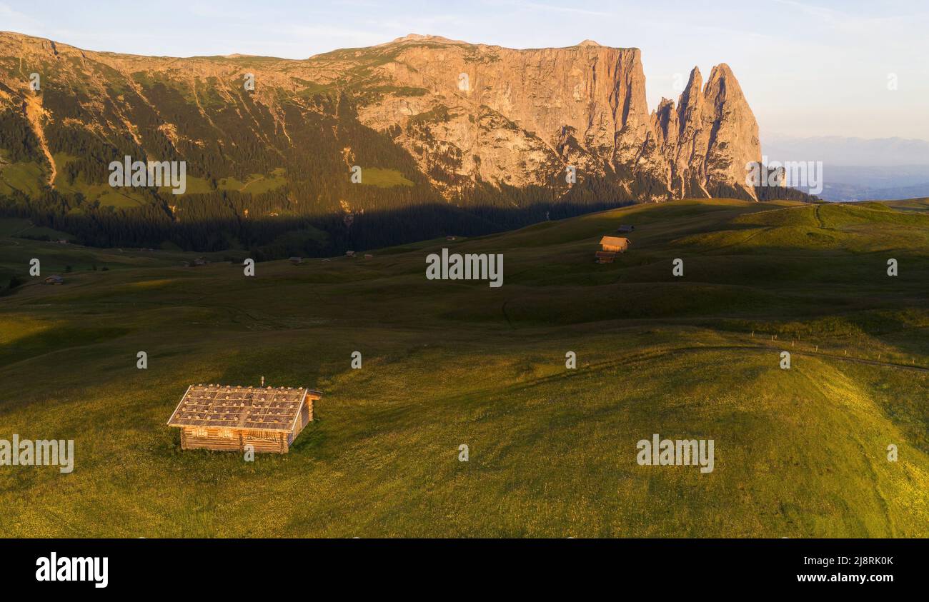 Aerial view of the grand landscape of the Dolomites mountains at ...